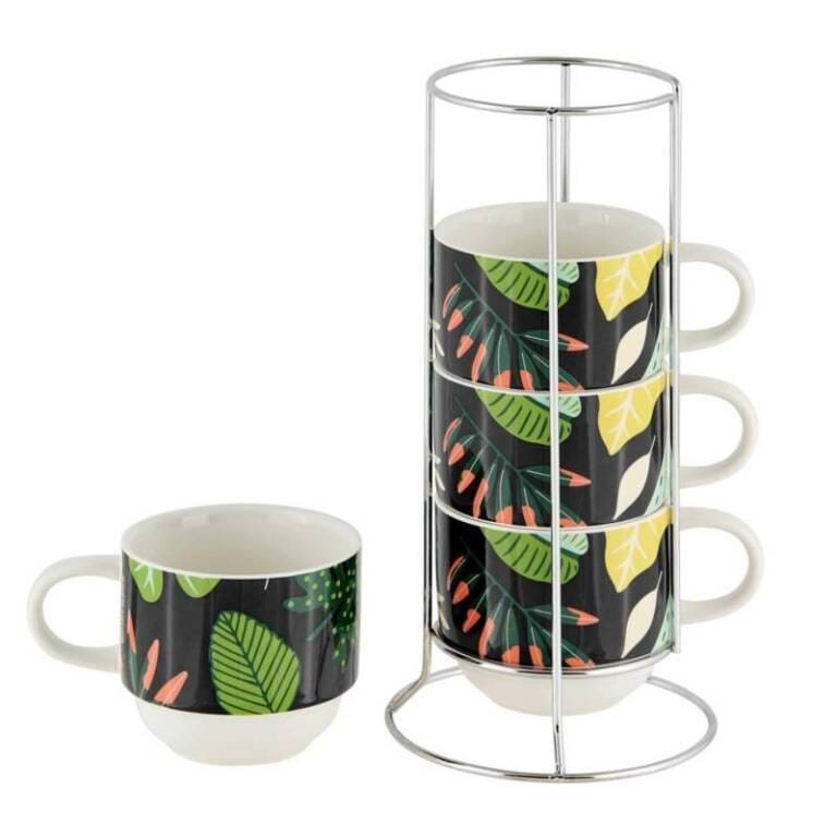 Rekje met 4 Mokken Tropical Zwart | Alles in Wonderland